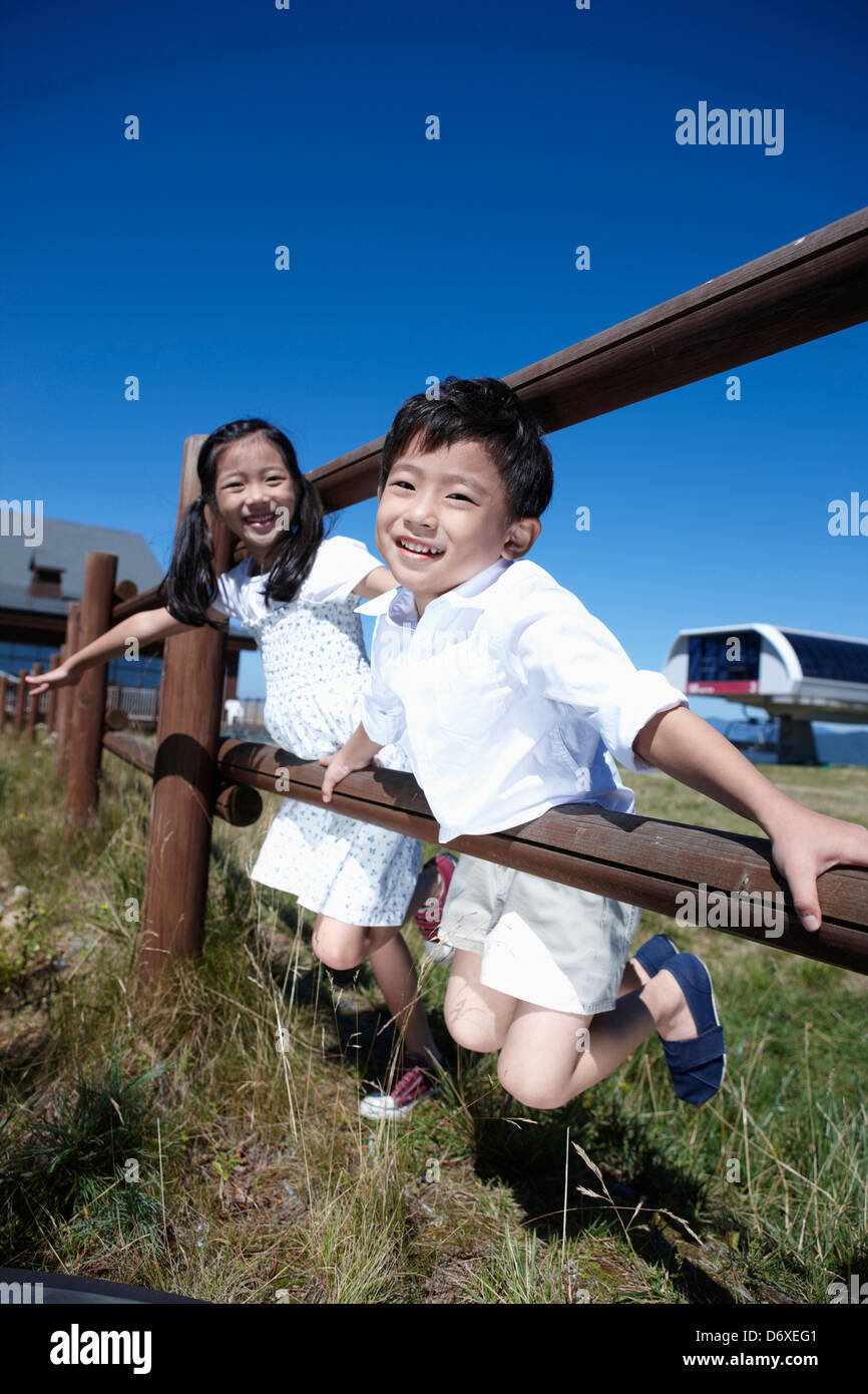 kids playing with the fence of sheep pasture Stock Photo - Alamy