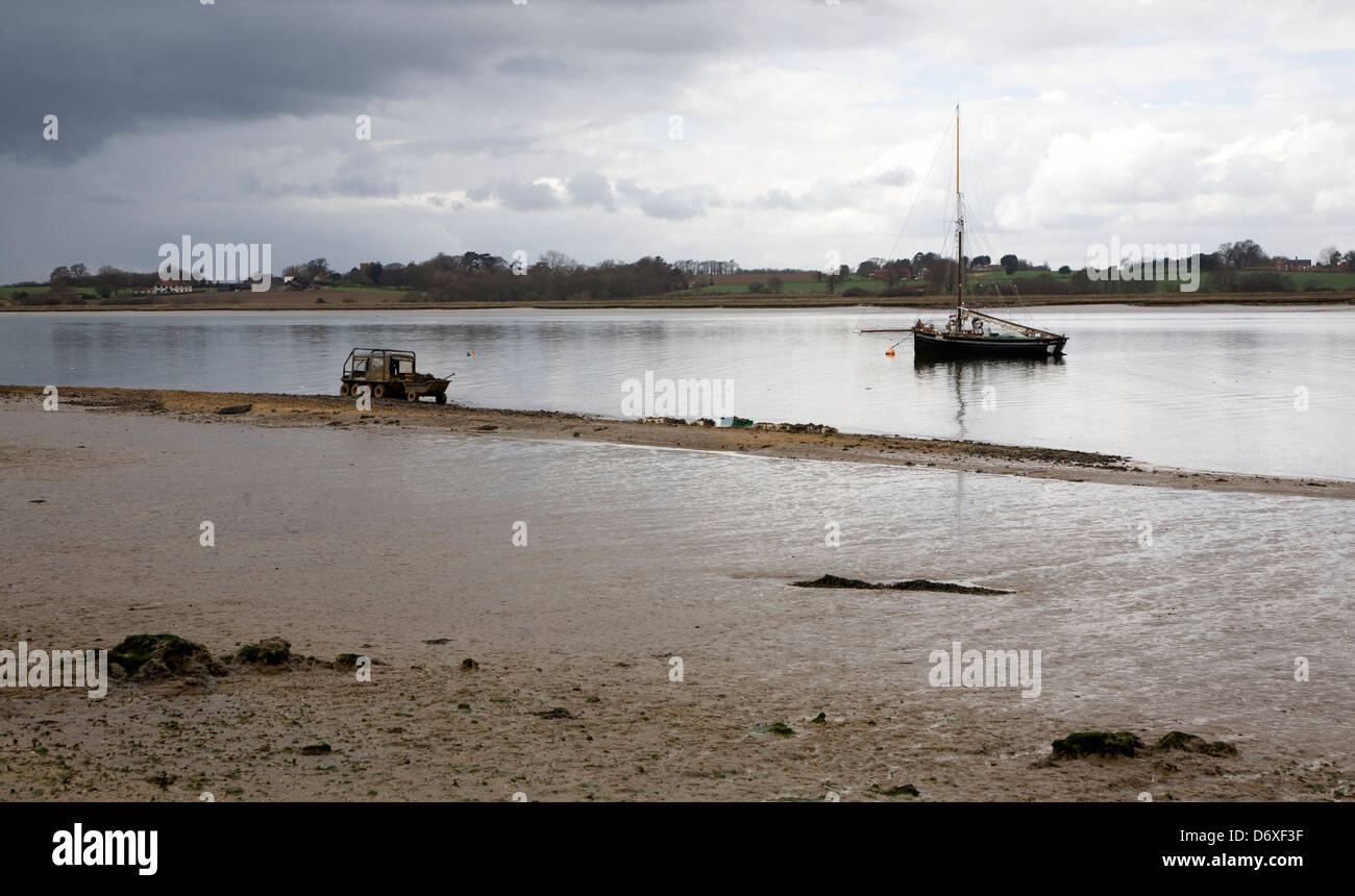 Yacht at moorings River Deben, Ramsholt, Suffolk, England Stock Photo ...