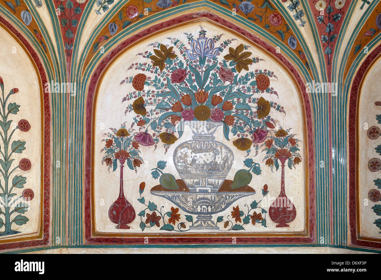 Painting ornate panel wall detail in Amber Fort, Amer 11km near of ...