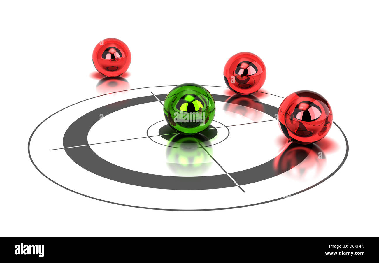 one green ball hitting the center of a target and tree red balls around ...