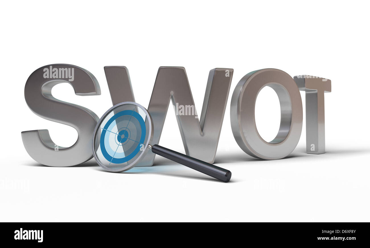 SWOT word with a magnifying glass at the front with a focus inside ...