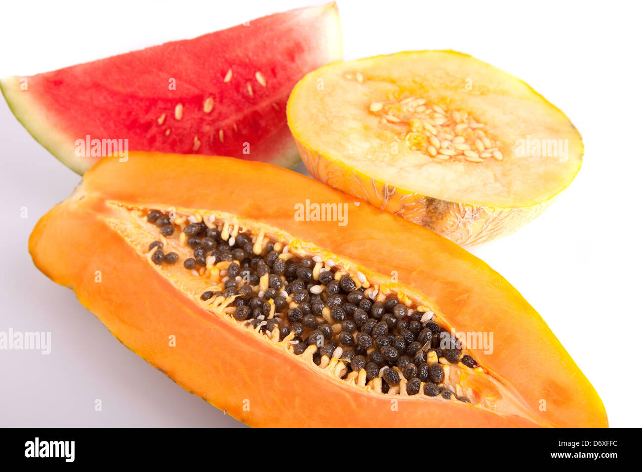 Papaya, melon and watermelon slices isolated over white Stock Photo - Alamy