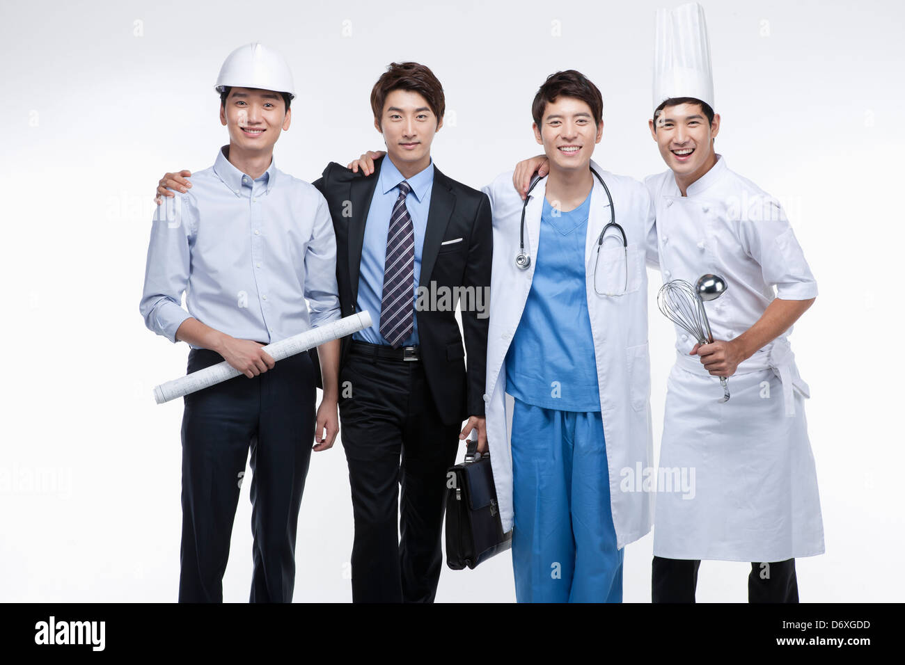 four men in different profession standing in a line Stock Photo - Alamy