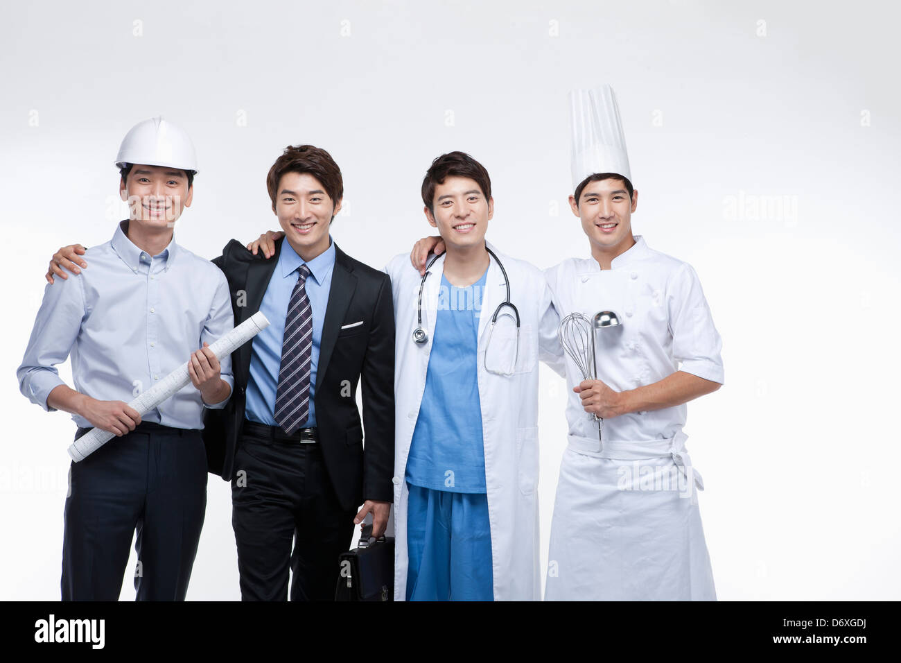 four men in different profession standing in a line Stock Photo - Alamy
