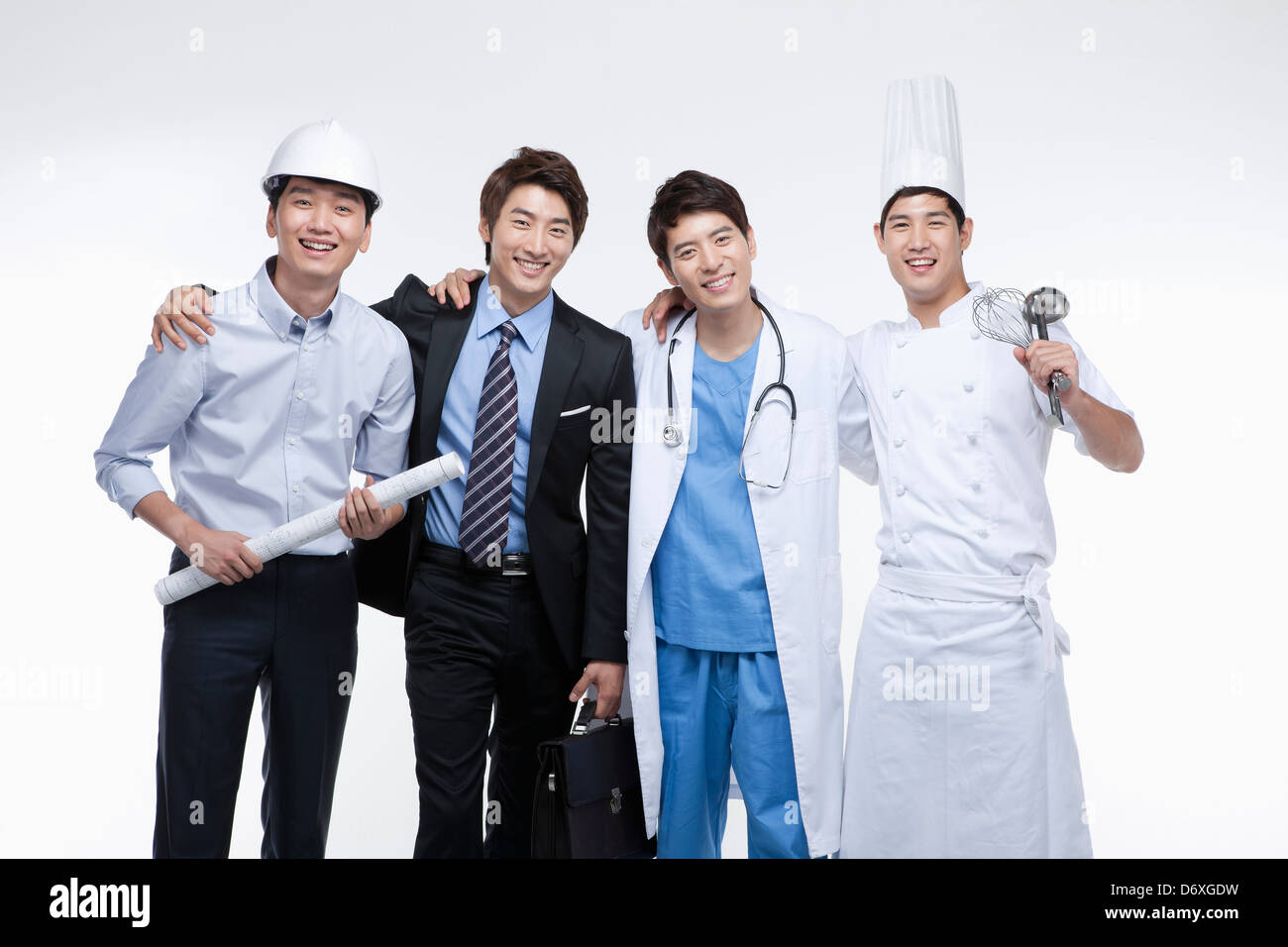 four men in different profession standing in a line Stock Photo - Alamy