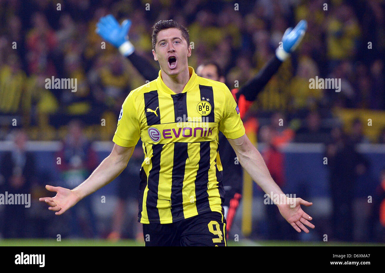 Dortmund's Robert Lewandowski celebrates after scoring 2-1 during the ...