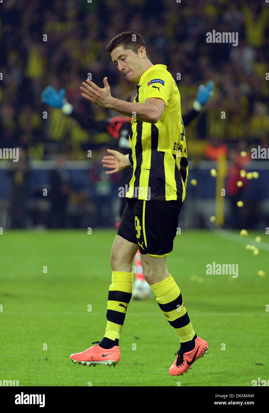 Dortmund's Robert Lewandowski celebrates after scoring 2-1 during the ...