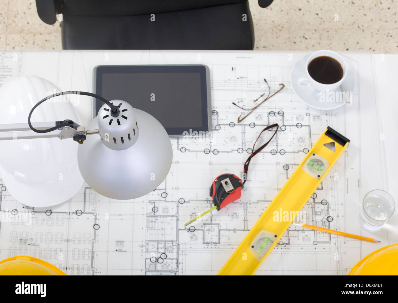 Tools and papers with sketches on the table Stock Photo - Alamy