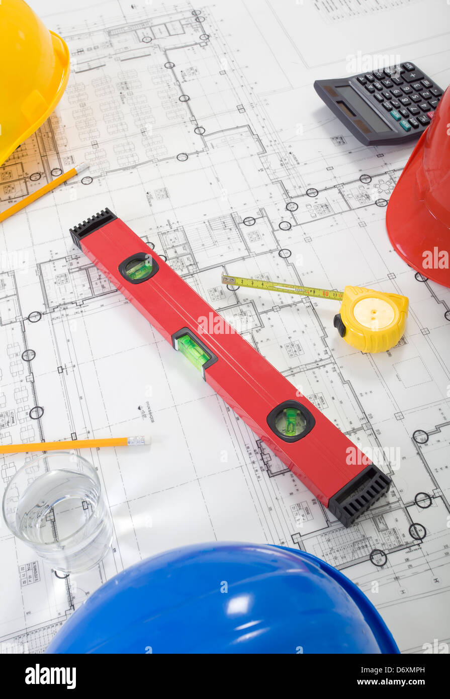 Tools and papers with sketches on the table Stock Photo - Alamy
