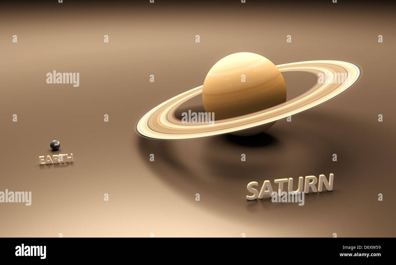 A rendered size-comparison sheet between the Planets Earth and Saturn ...