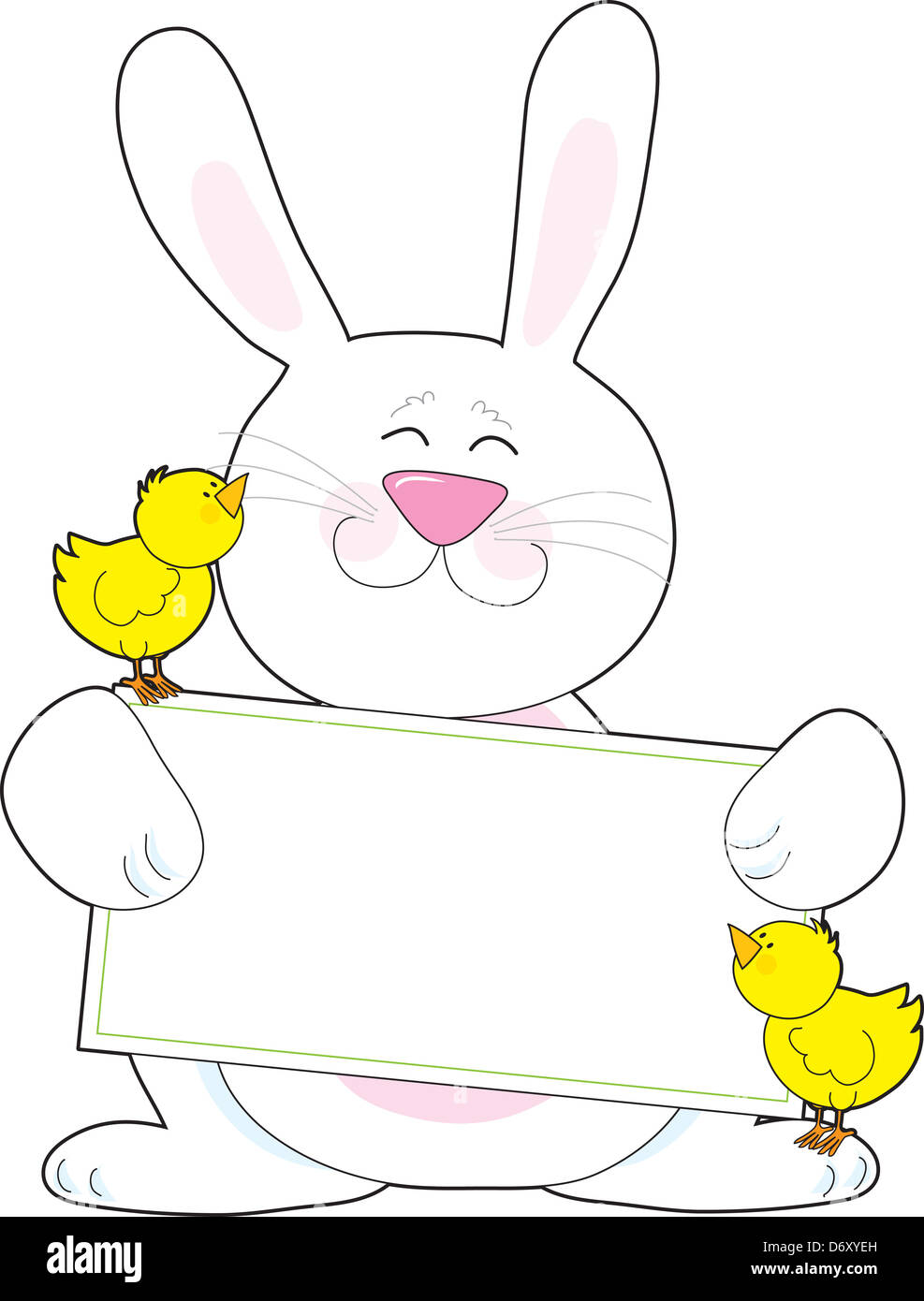 A white Easter bunny holds a blank message poster, while accompanied by ...