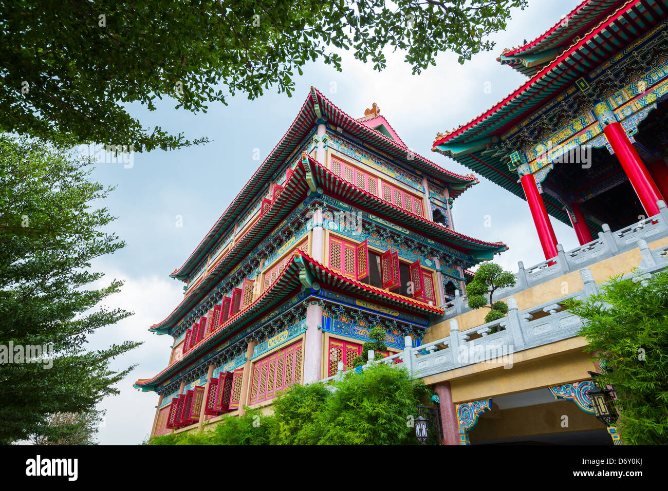 Beautiful chinese temple in Thailand with blue sky and green tree ...