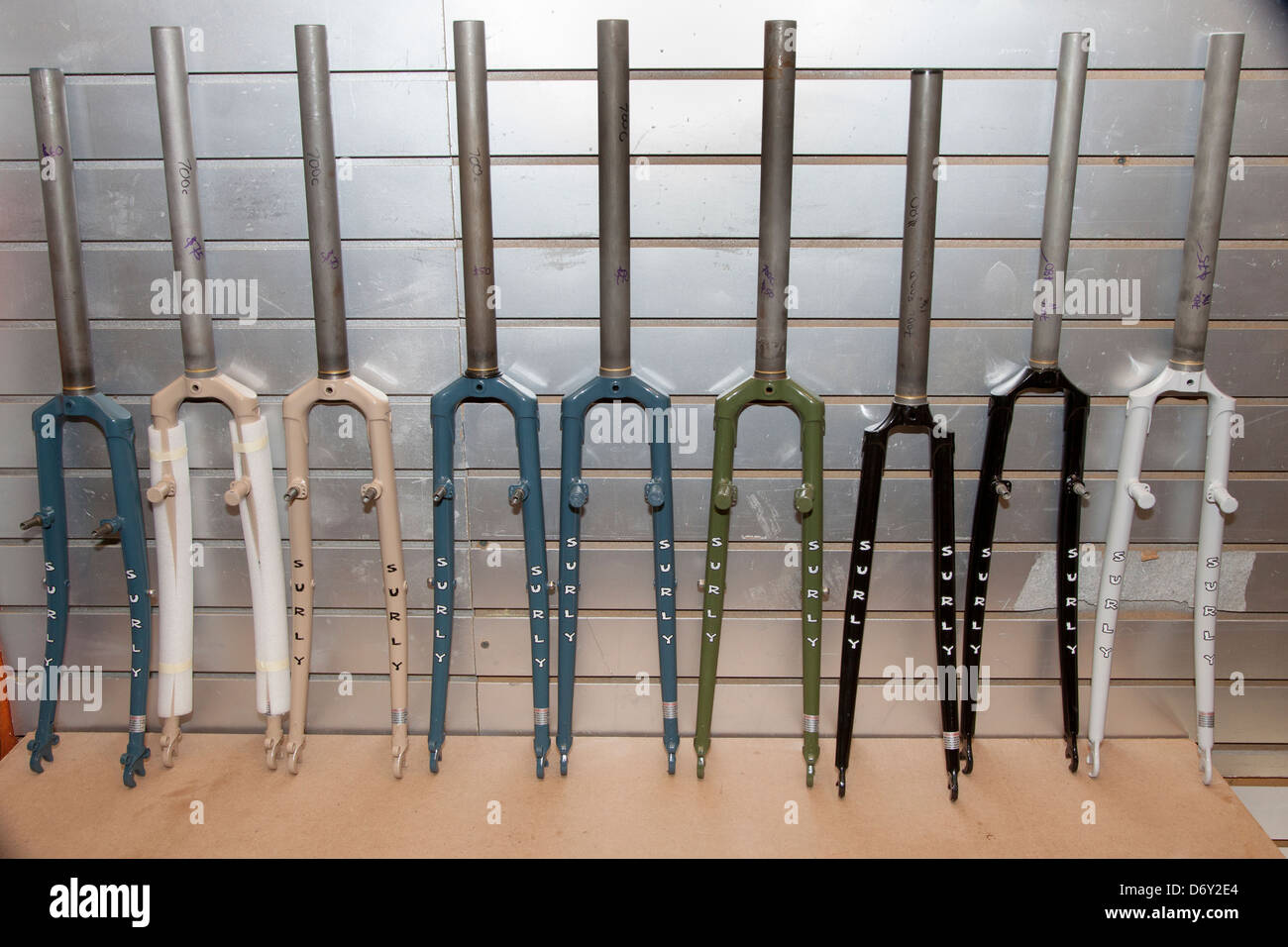 Lineup of bicycle forks at the nonprofit Youth Express Bike Repair Shop ...