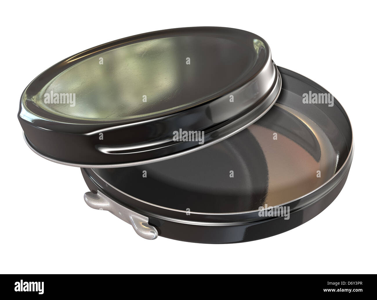 A regular disk shaped black metal tin open on an isolated background ...