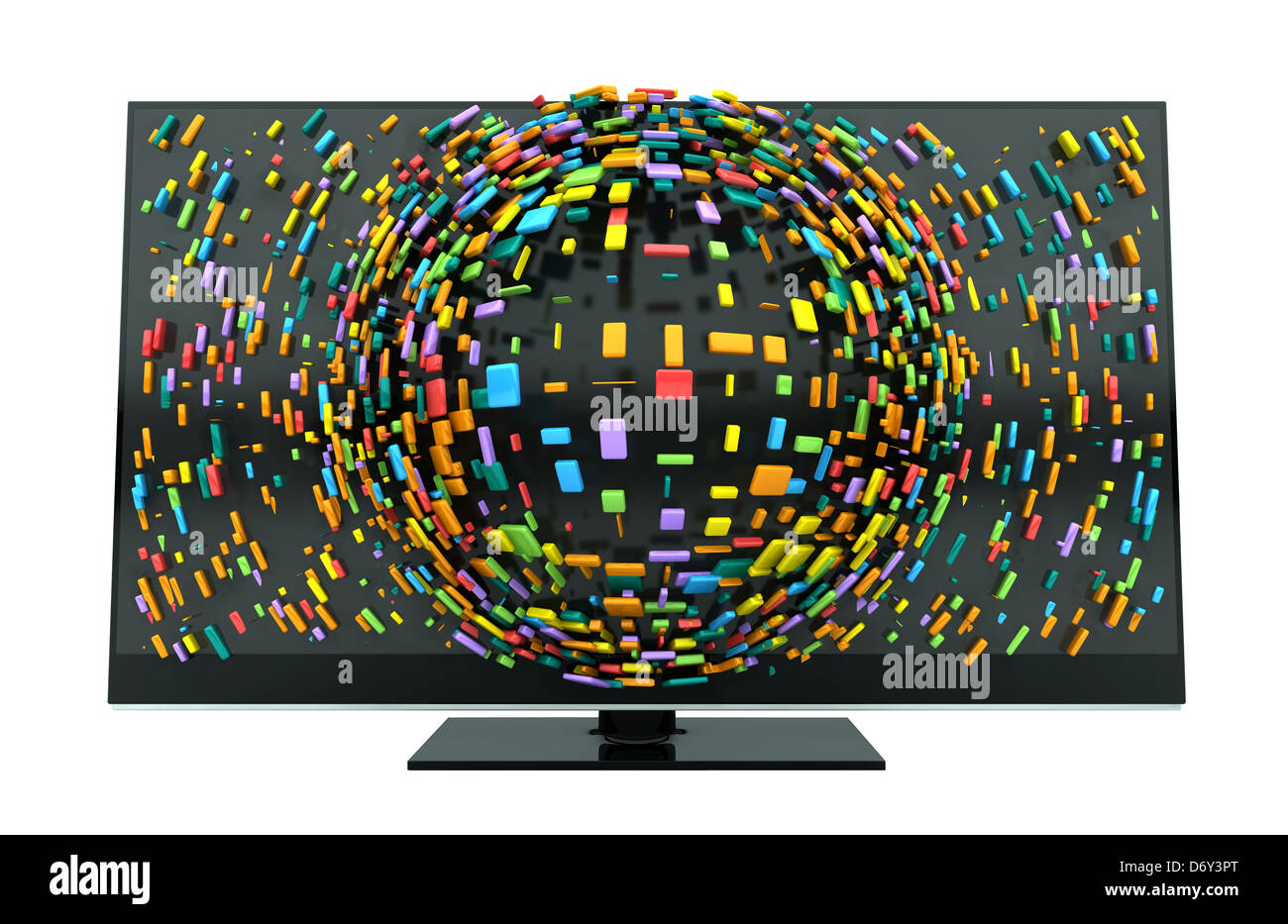 A concept of a flat screen television with colorful fragmented cubes ...