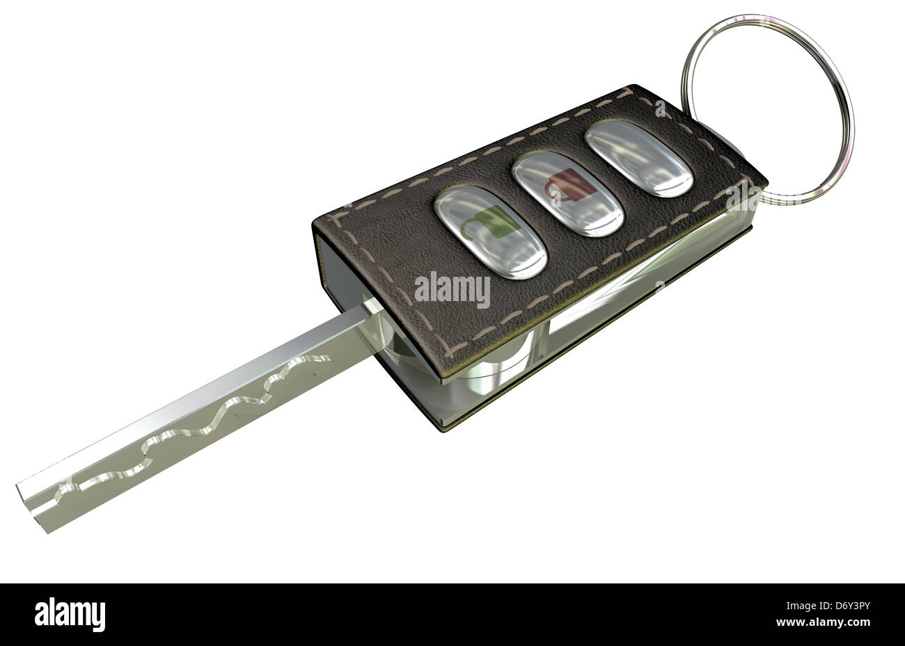 A luxury vehicle key made of metal and leather stitched trim onan ...