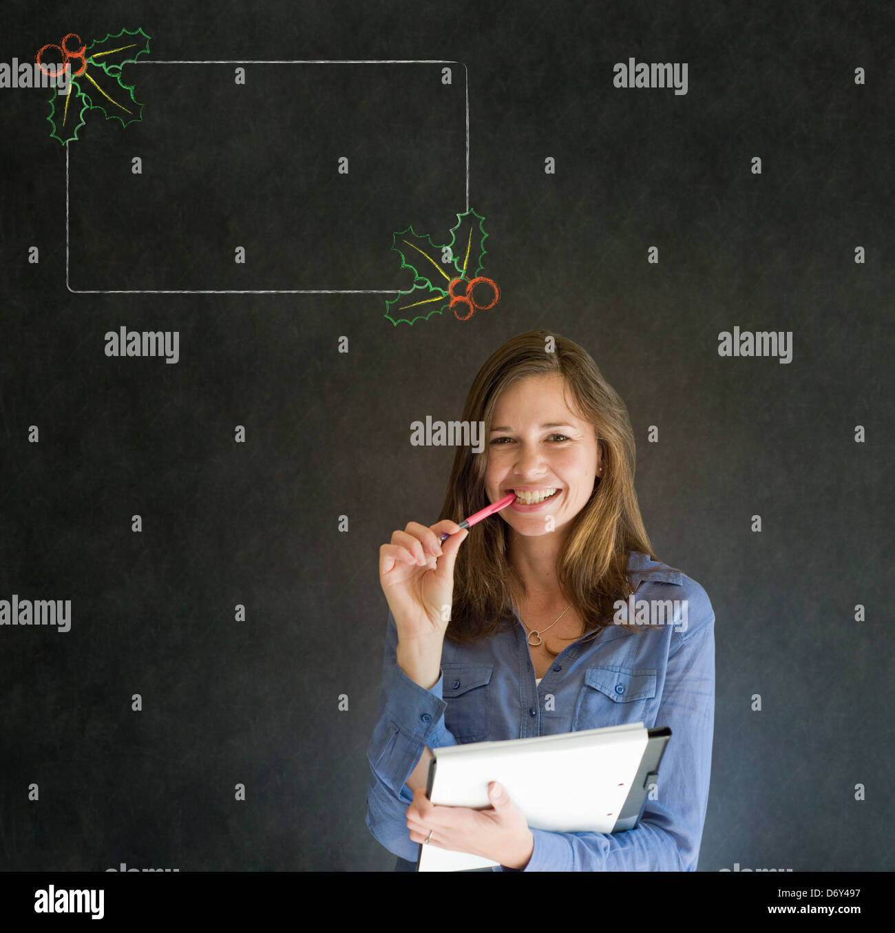 Business woman, student or teacher with Christmas holly to do checklist ...