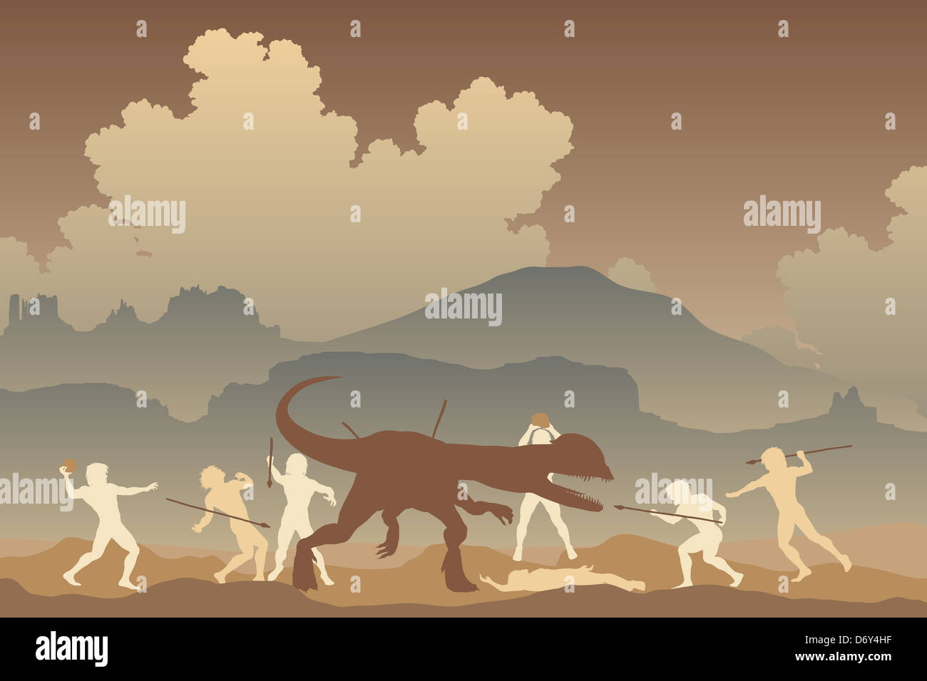 Illustration of cavemen fighting a Dilophosaurus dinosaur in a primeval ...