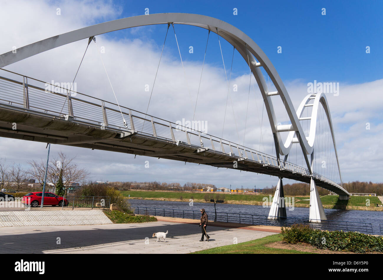 Man walking dog beneath the Infinity Bridge Stockton-on-Tees north east ...