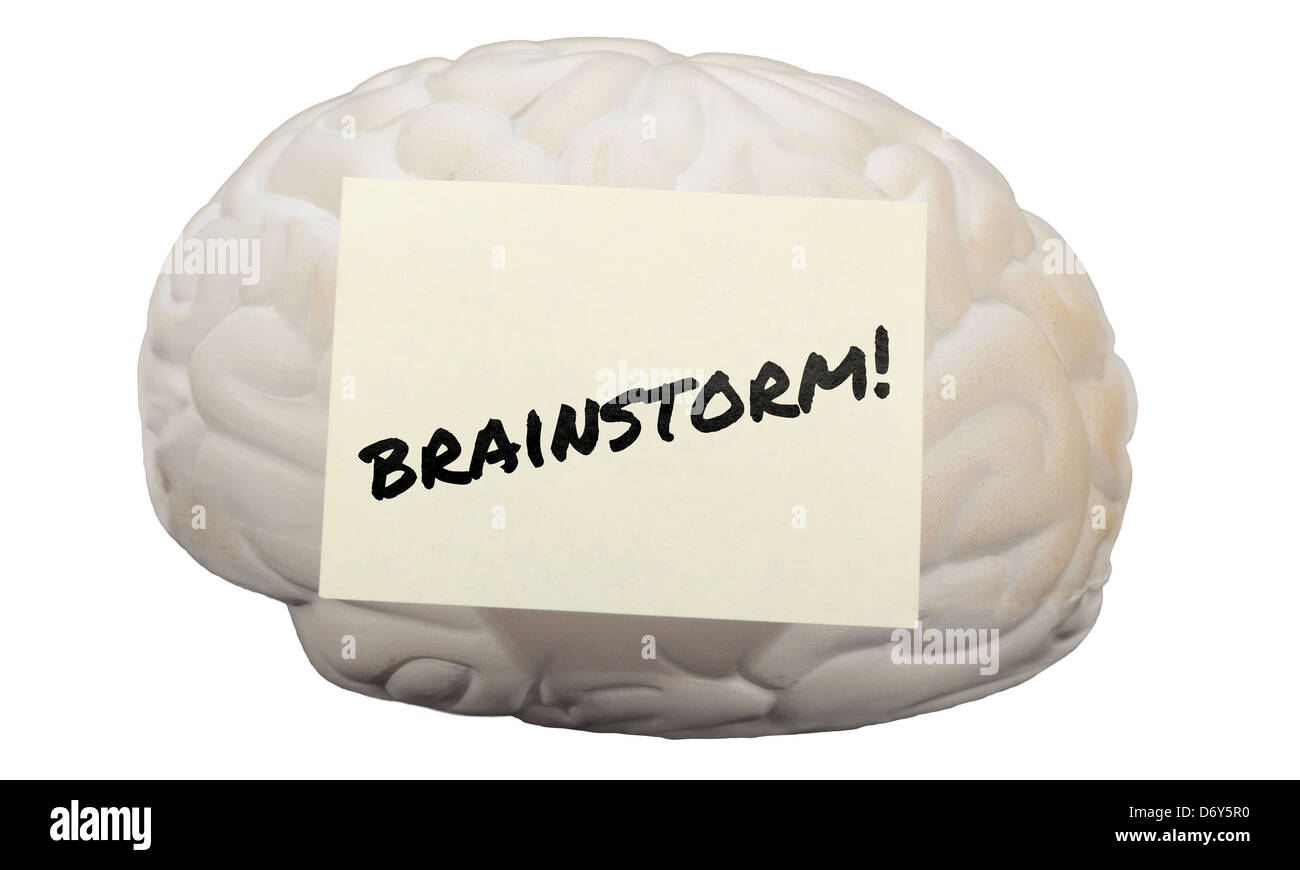 Post-it note with the word Brainstorm! on model of human brain Stock ...