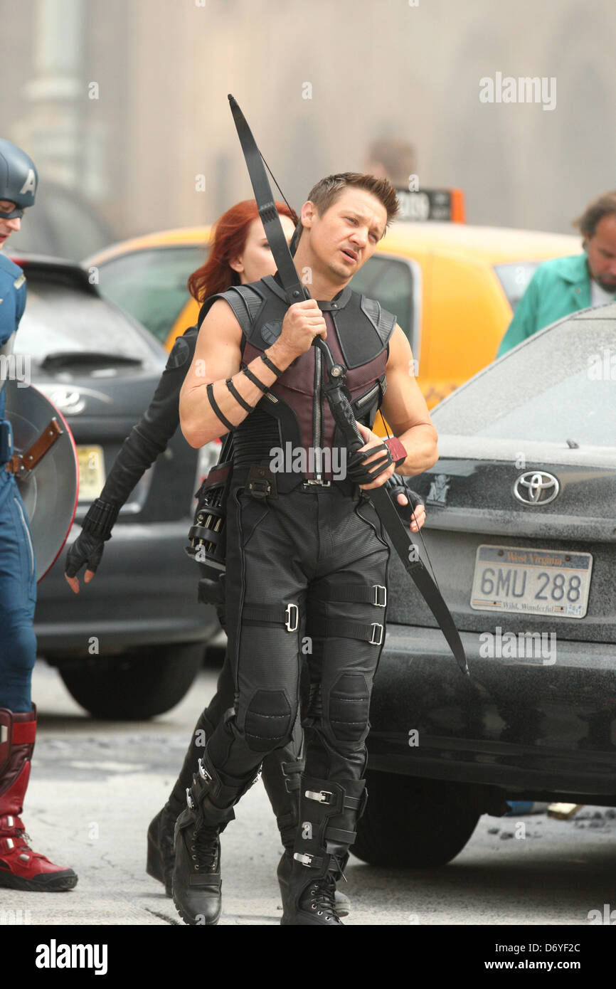 Jeremy renner on the film set of the avengers hi-res stock photography ...