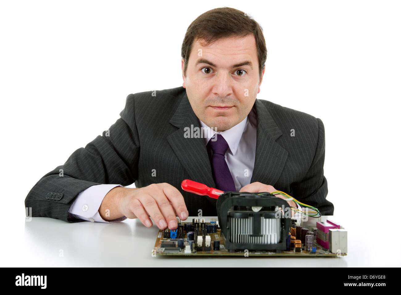 Computer Engineer working in a motherboard, isolated Stock Photo - Alamy