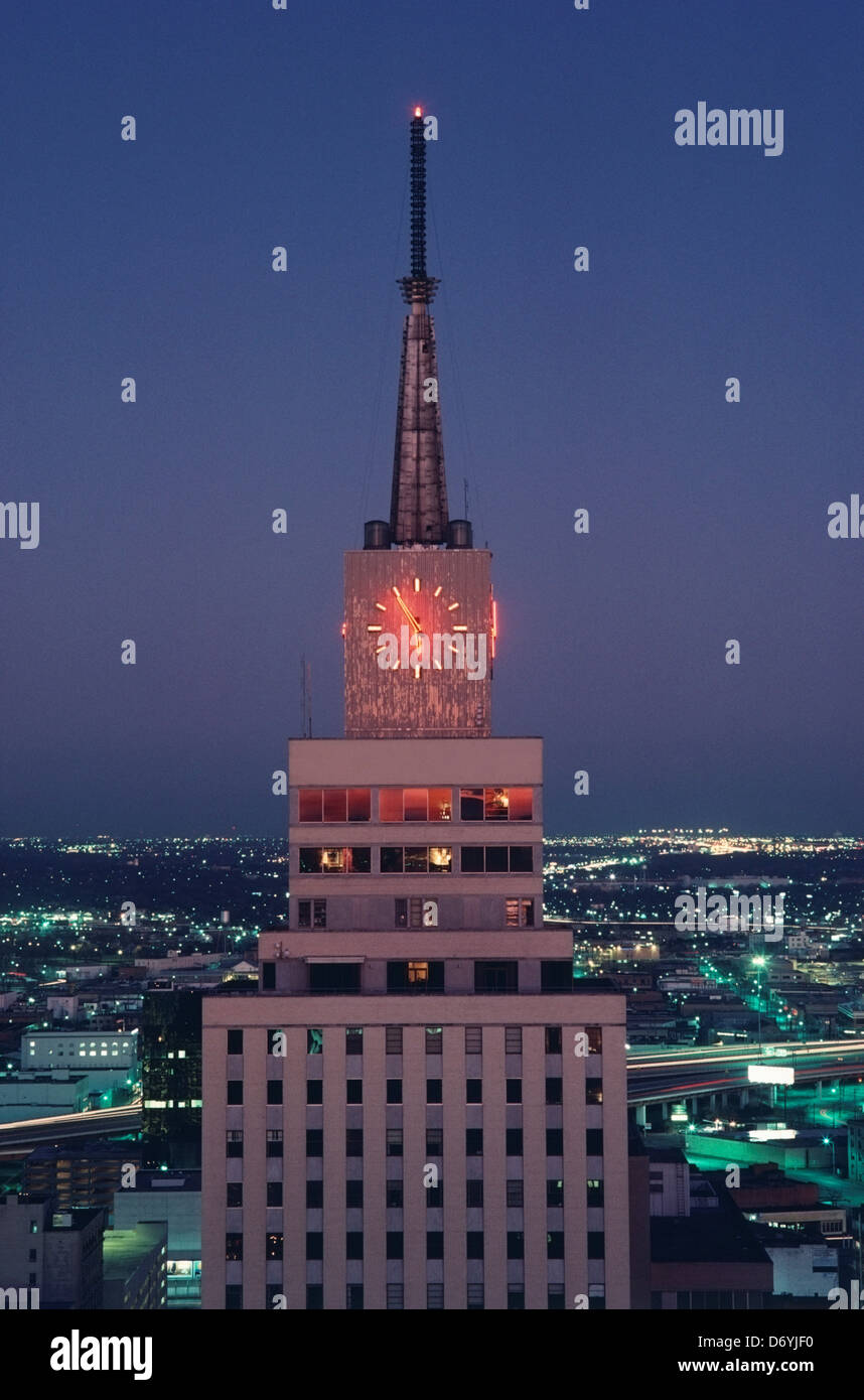 Clock tower of the Mercantile National Bank Building at night, Dallas ...