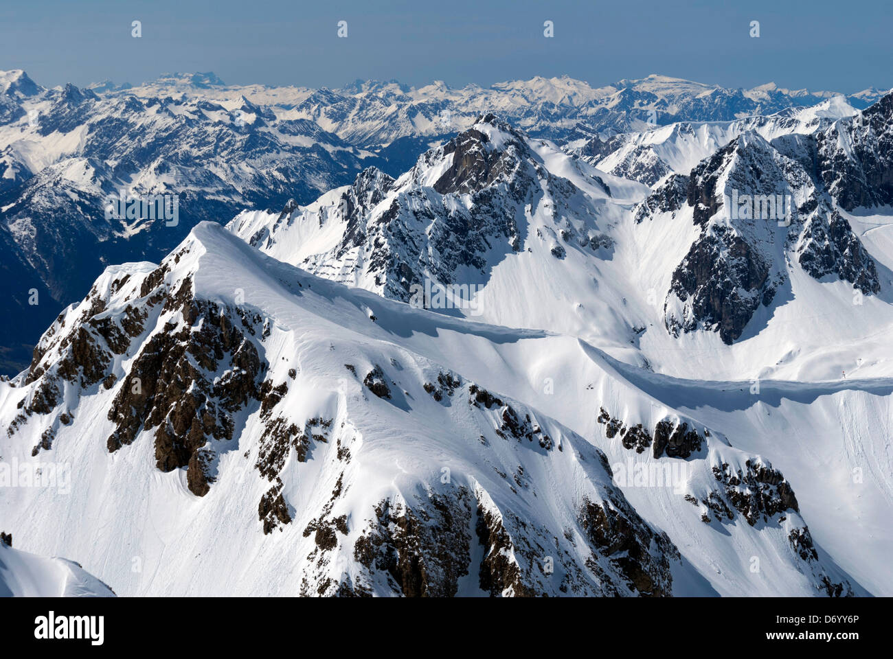 View of the Tyrolean Alps, taken from the top of the Valluga cable car ...