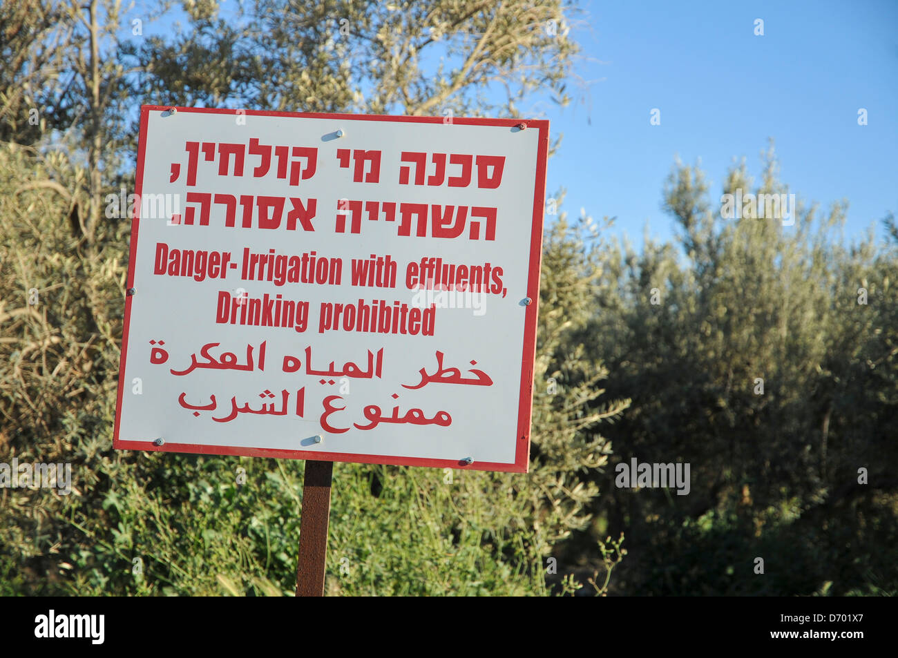 A warning sign in Hebrew, Arabic and English: "Danger irrigation with ...