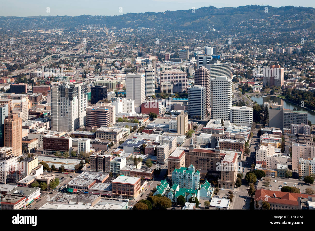 Aerial of Downtown and Lakeside, Oakland, California with Lake Merritt ...