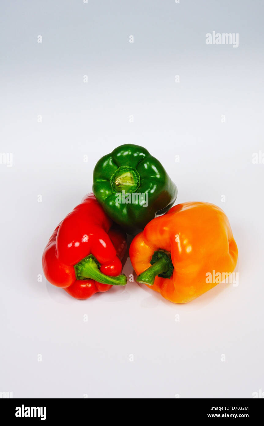 Three capsicums (peppers) against a plain background Stock Photo - Alamy