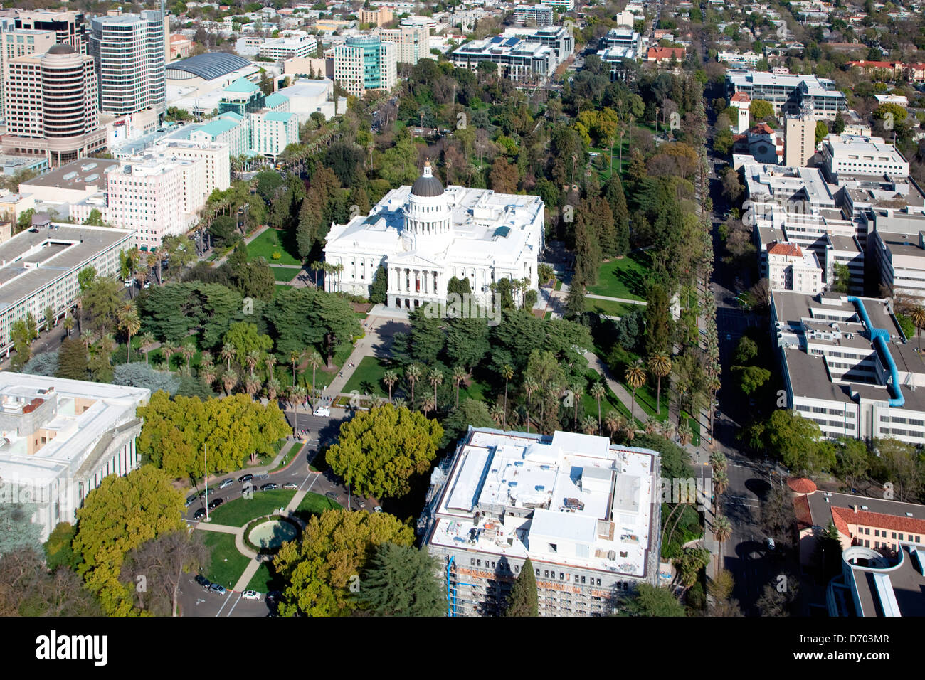 Aerial of the State Capitol Building in Downtown Sacramento, California ...