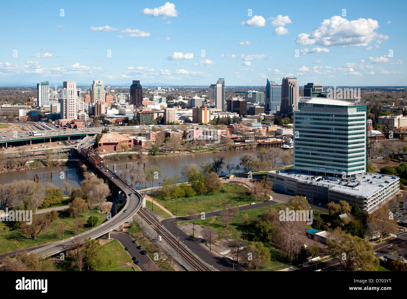 Aerial of The I Street Bridge over the Sacramento River with the ...