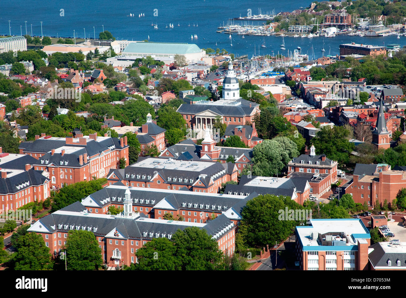 Aerial of the government district around the Maryland State House in ...