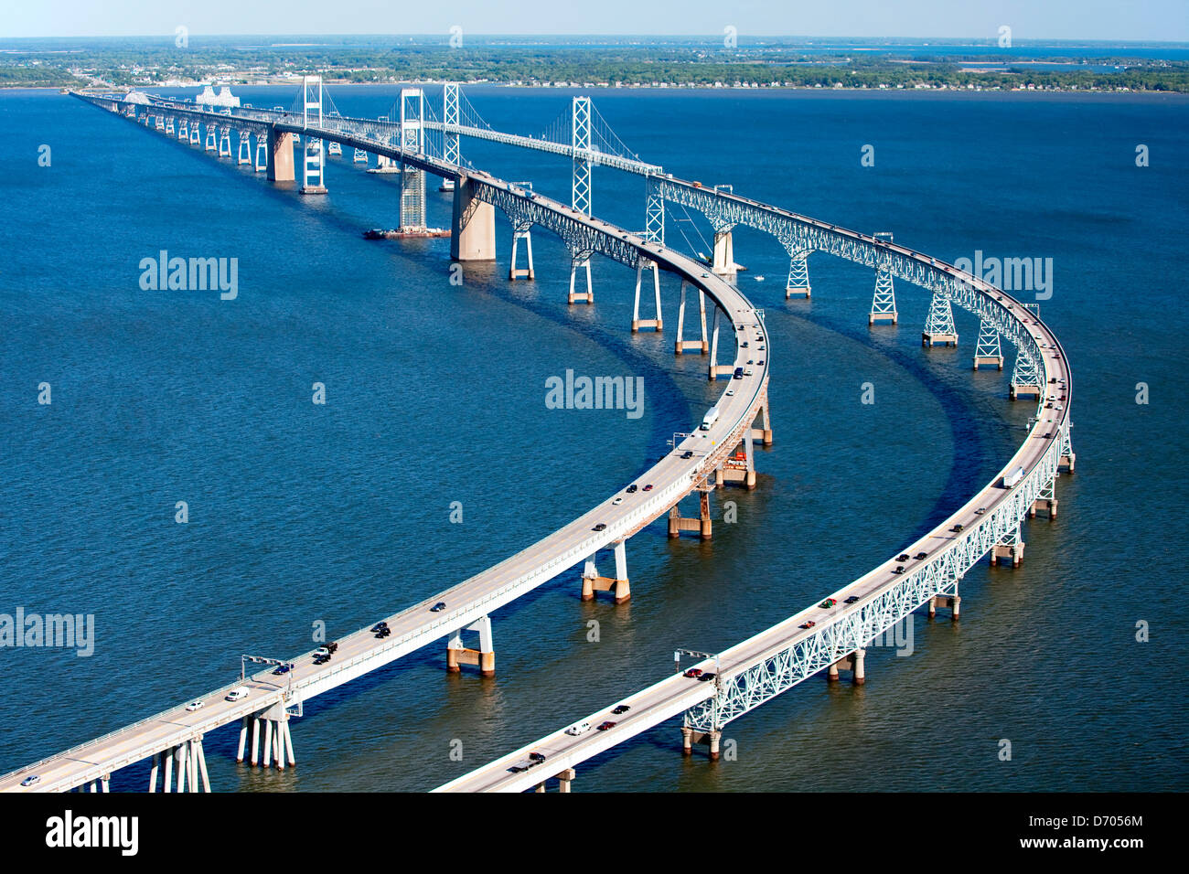 Aerial of The Chesapeake Bay Bridge with the eastern shore on the ...