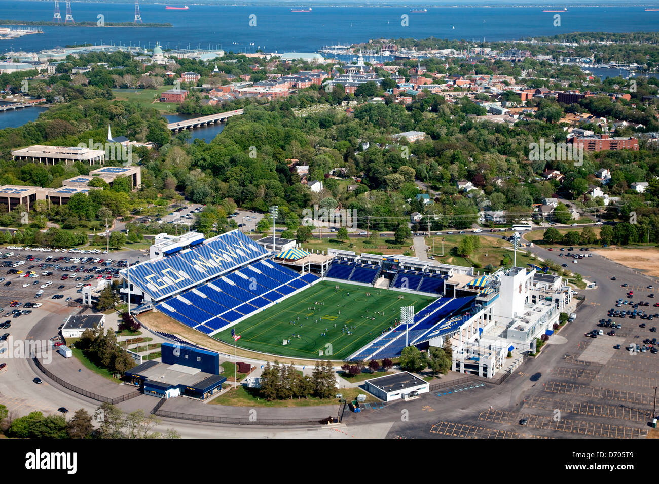 Aerial of Navy Marine Corps Memorial Stadium with the Chesapeake Bay in ...
