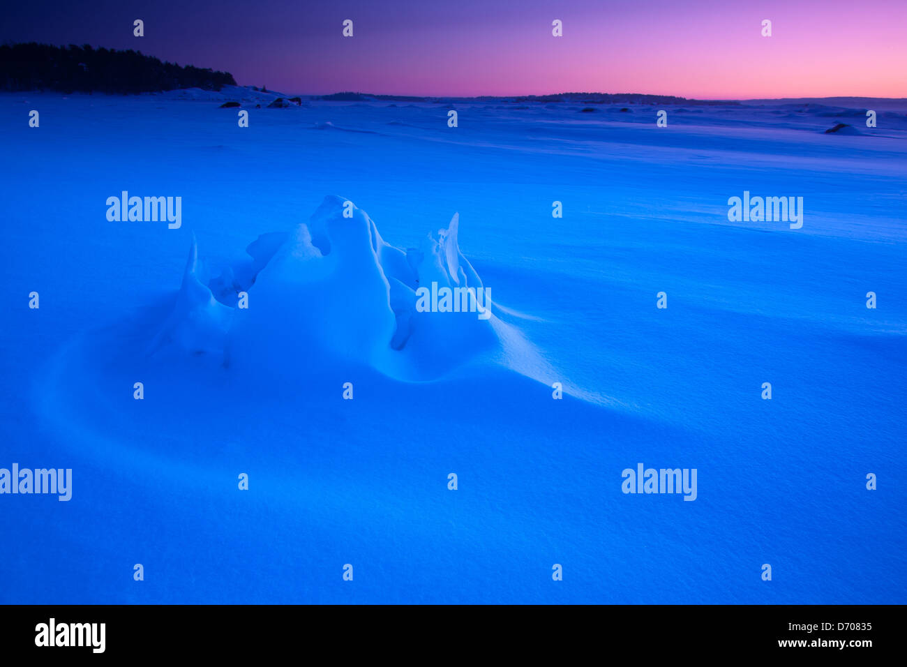 Ice and snow formations at the coastline of the Oslofjord at Larkollen ...