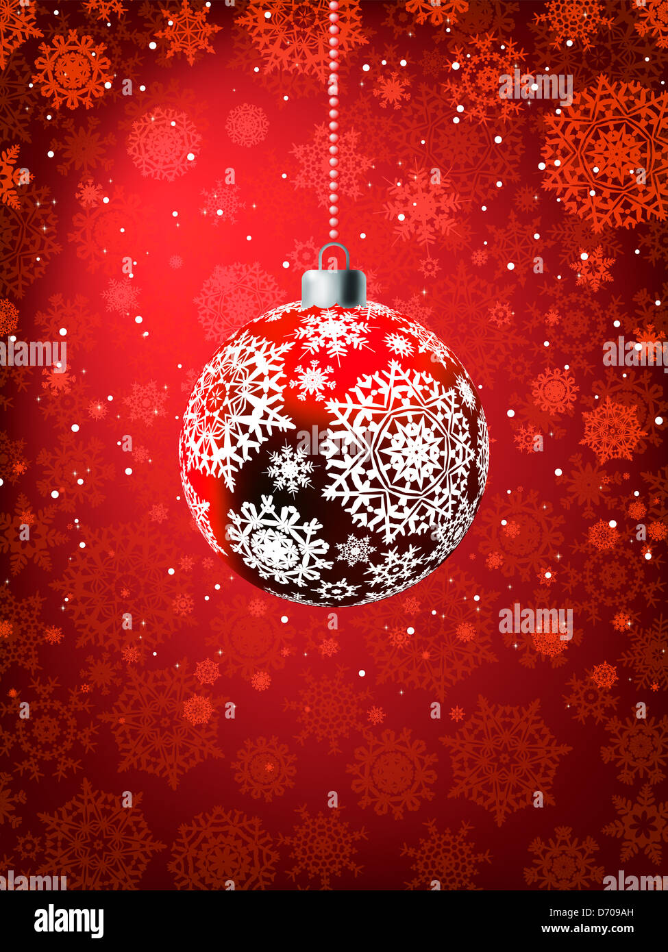 Christmas ball on falling flakes template Stock Photo - Alamy