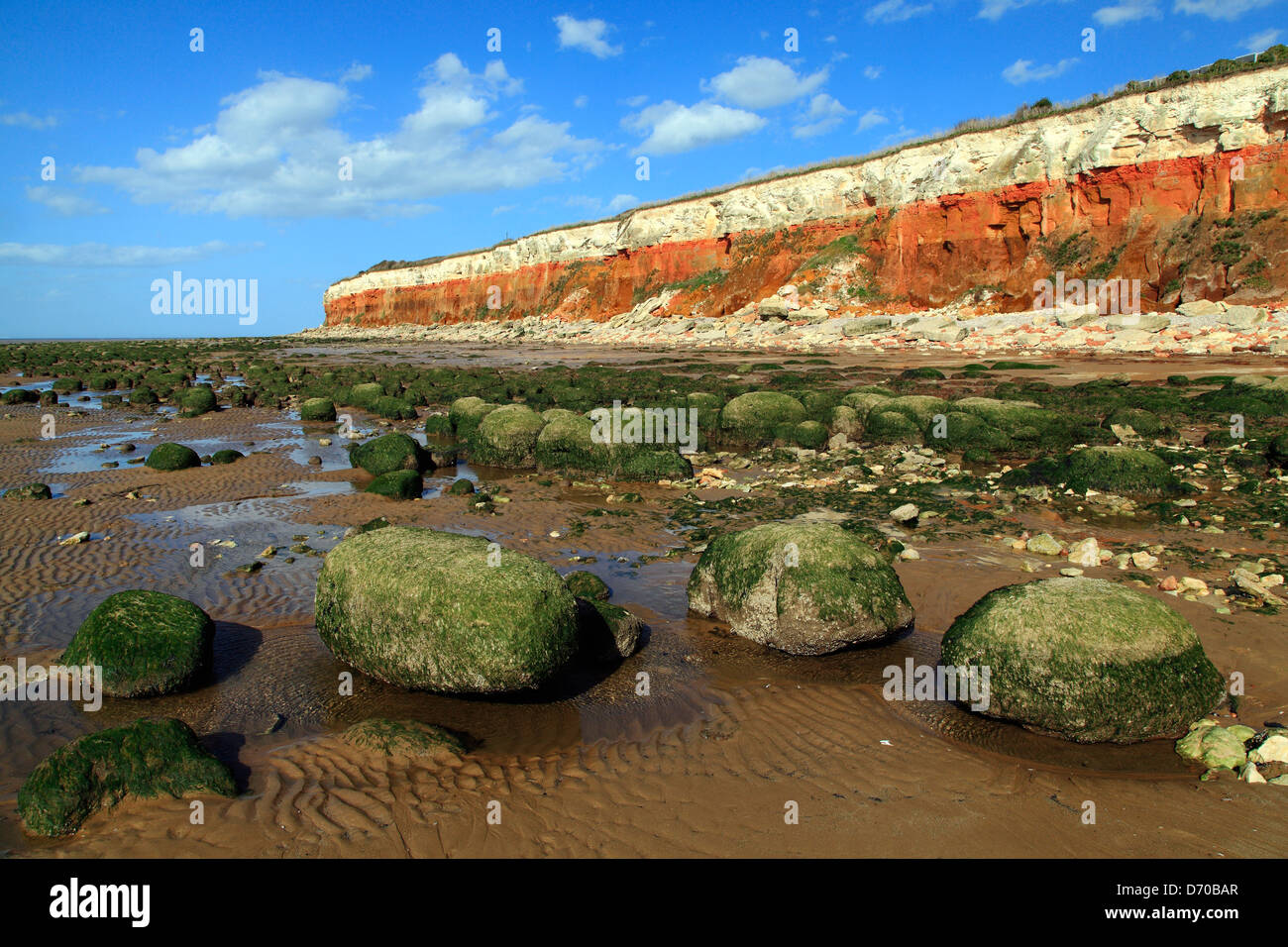 Old Hunstanton Cliffs at Low Tide, Norfolk. Striped Cliffs, white chalk ...