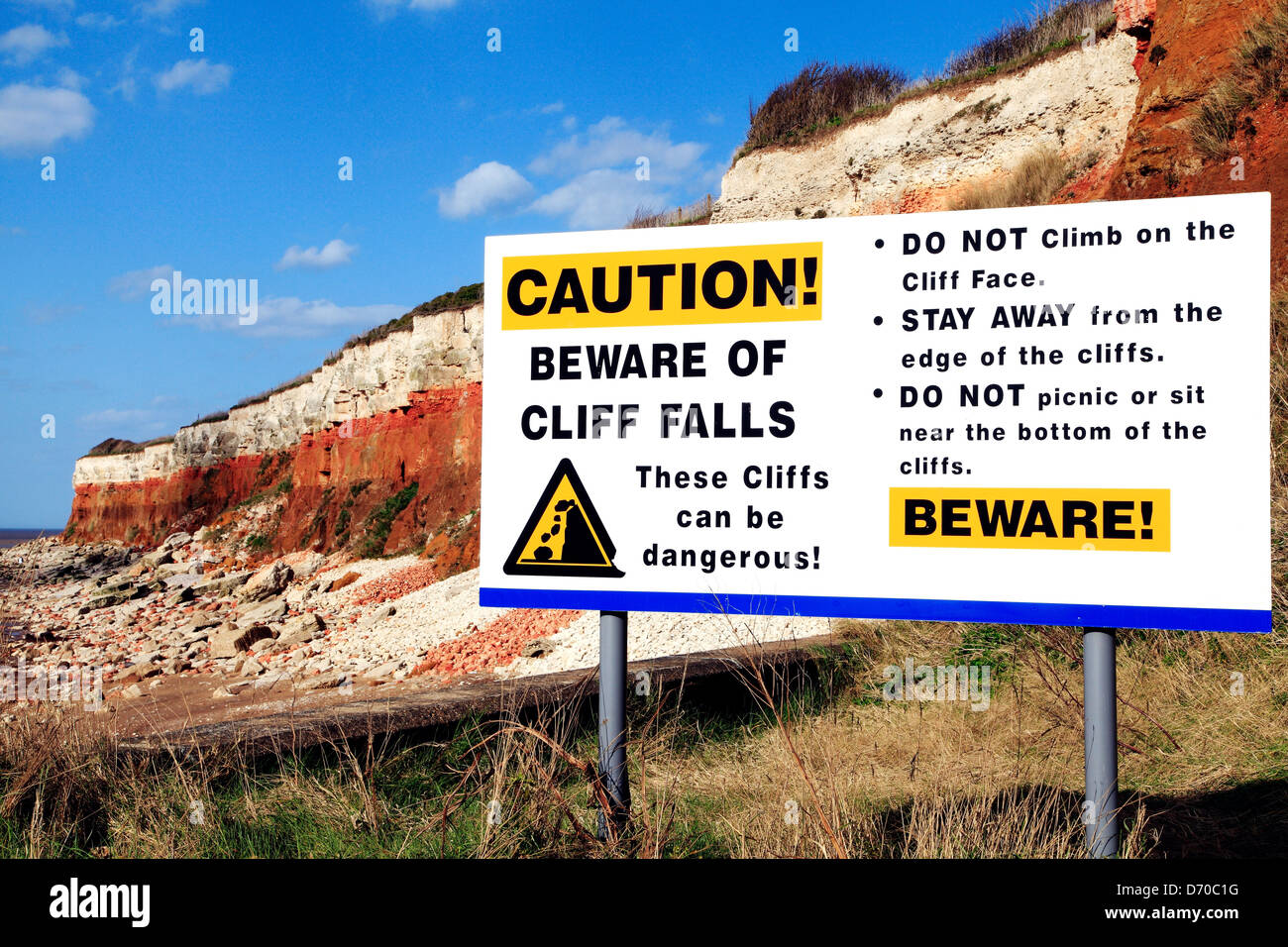 Old Hunstanton Cliffs, Warning Sign, Norfolk. Striped Cliffs, white ...