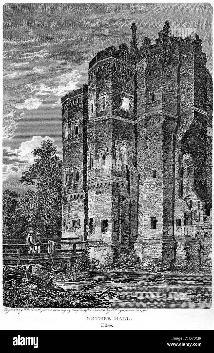 An engraving entitled " Nether Hall, Essex " scanned at high resolution ...