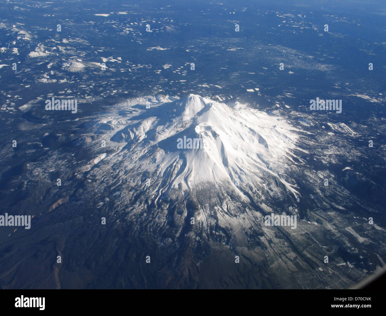 An aerial view of Mount Shasta and its neighboring peak, Shastina ...
