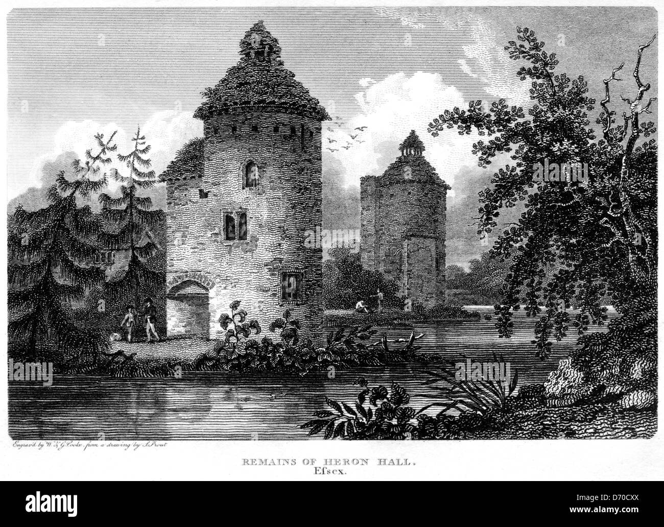 An engraving entitled " Remains of Heron Hall, Essex " scanned at high ...