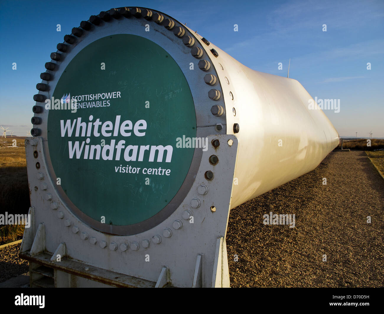 Wind turbines Whitelee Wind Farm with single blade on display Stock ...