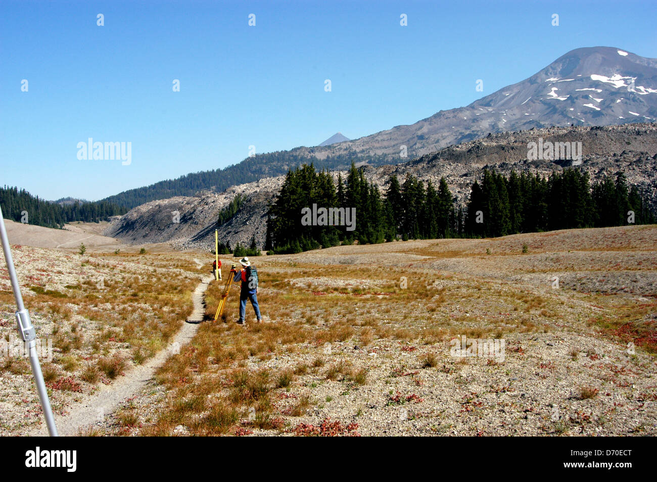 This image shows a USGS leveling rod being used in fieldwork on a ...