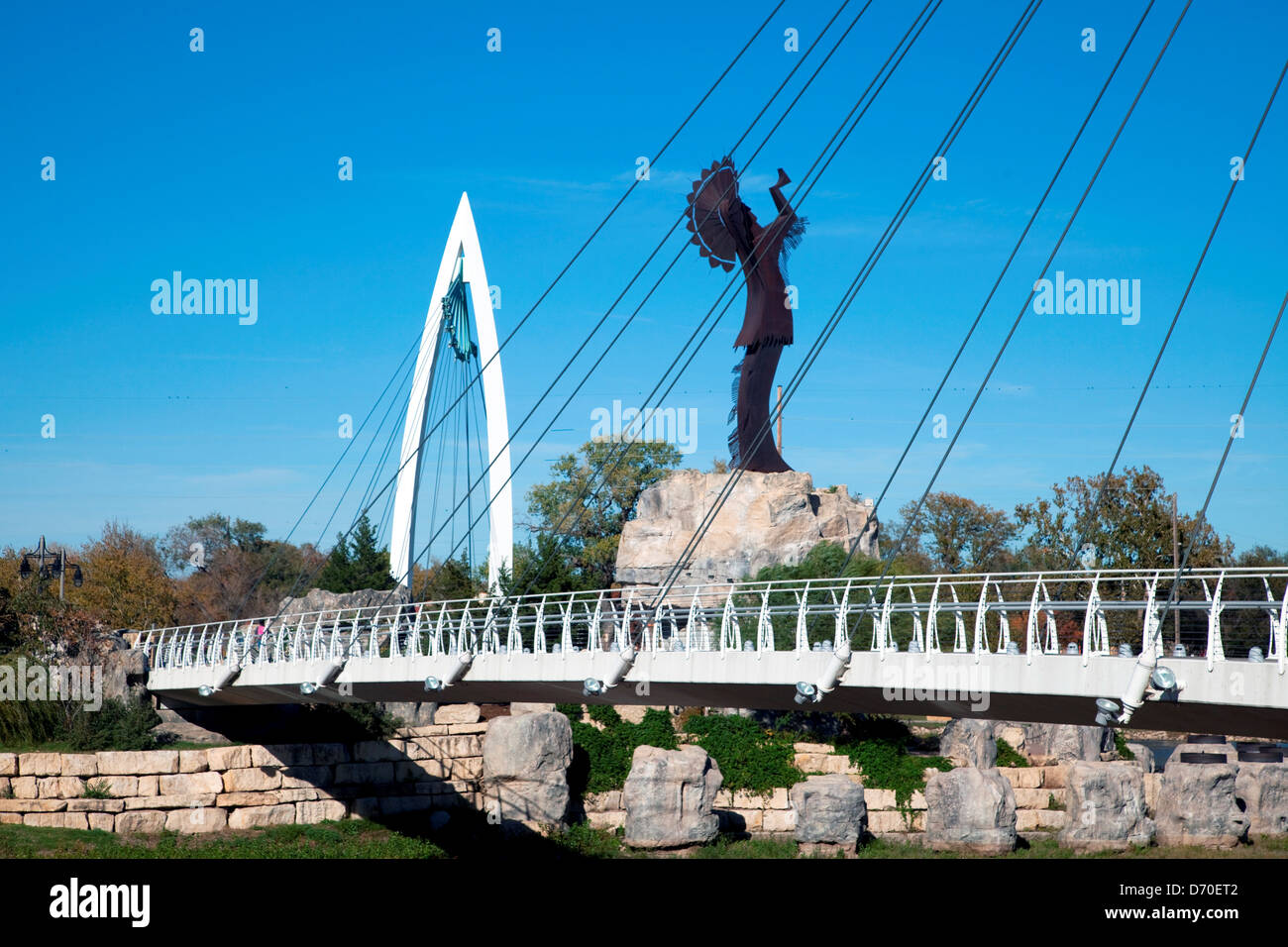 USA, Kansas, Wichita, Keeper of Plains sculpture and Arkansas River ...