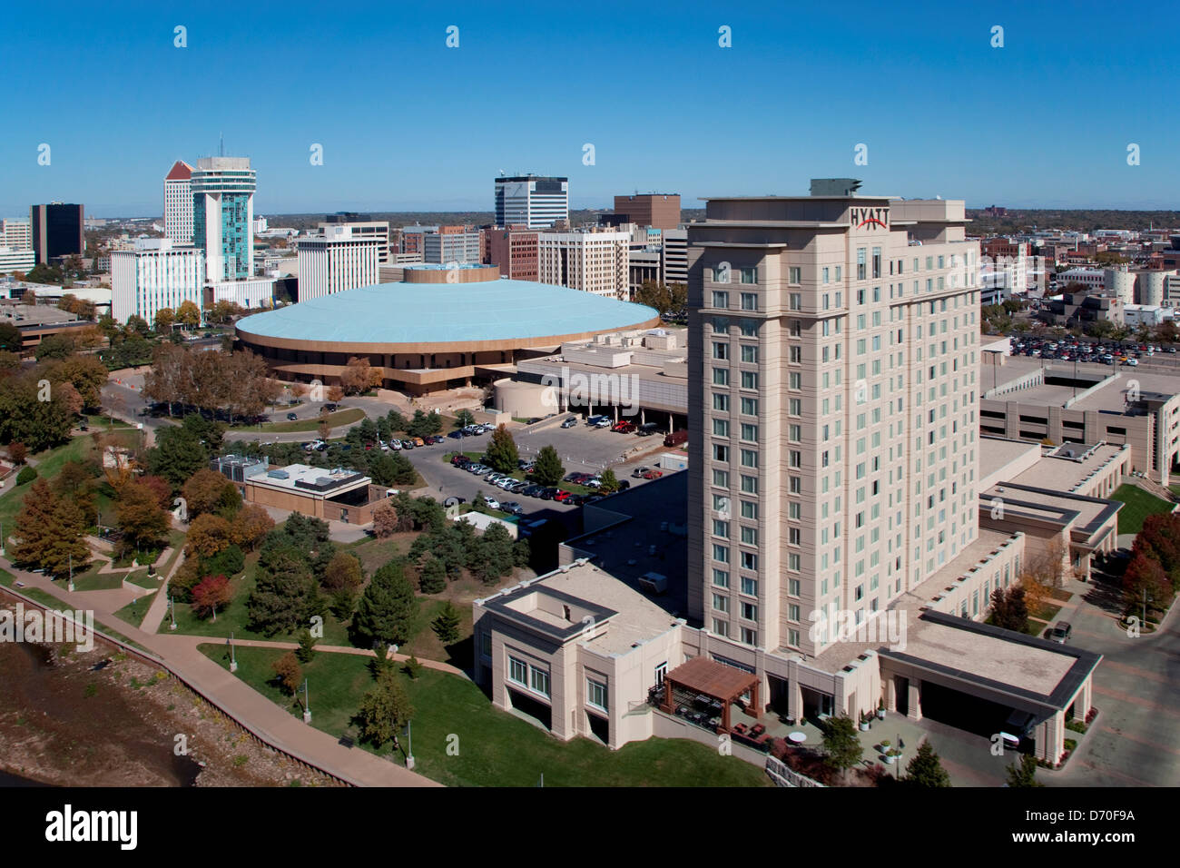 USA, Kansas, Wichita, Aerial view of Century II Convention Hall and ...
