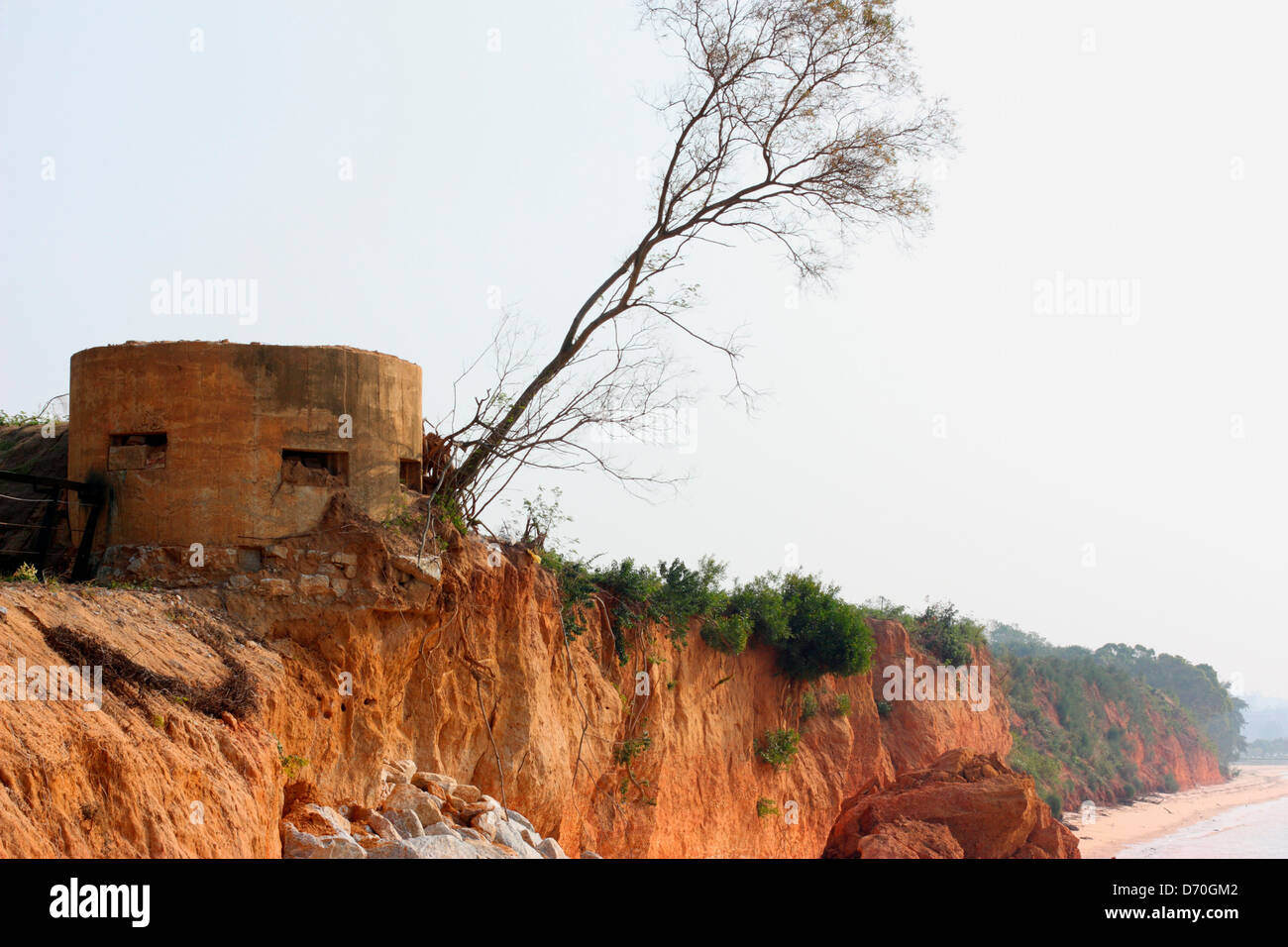 Taiwan, Kinmen County, Jincheng, View of old military bunker on cliff ...