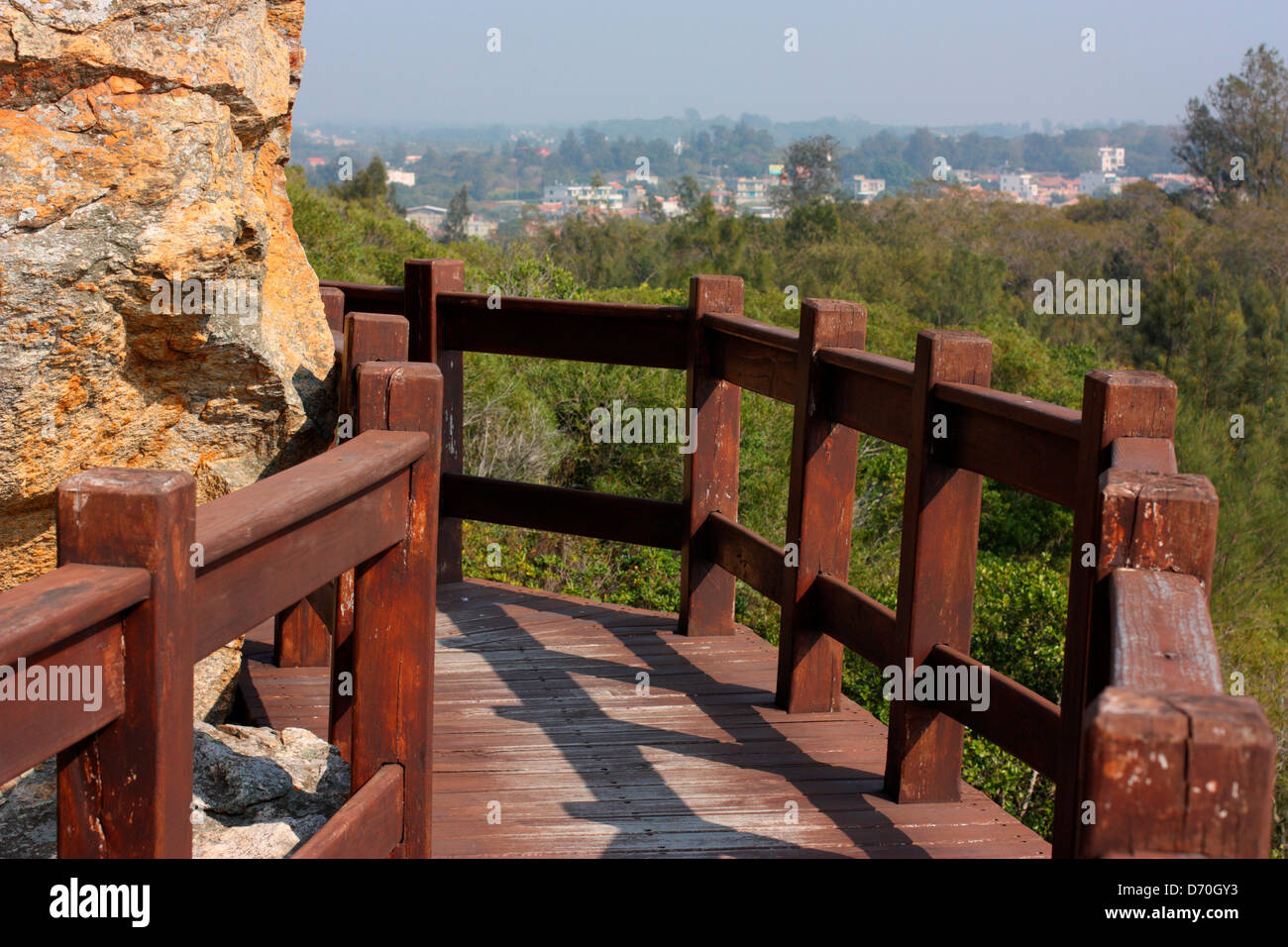 Taiwan, Kinmen County, Trail up to Maoshan Tower with Shuitou village ...