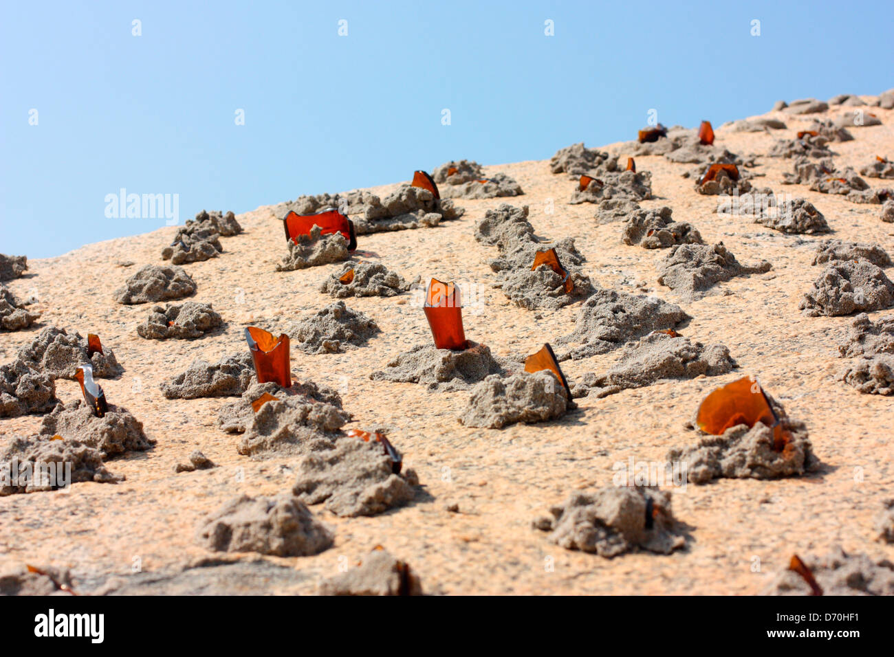 Taiwan, Kinmen County, Broken glass military defenses along shoreline ...